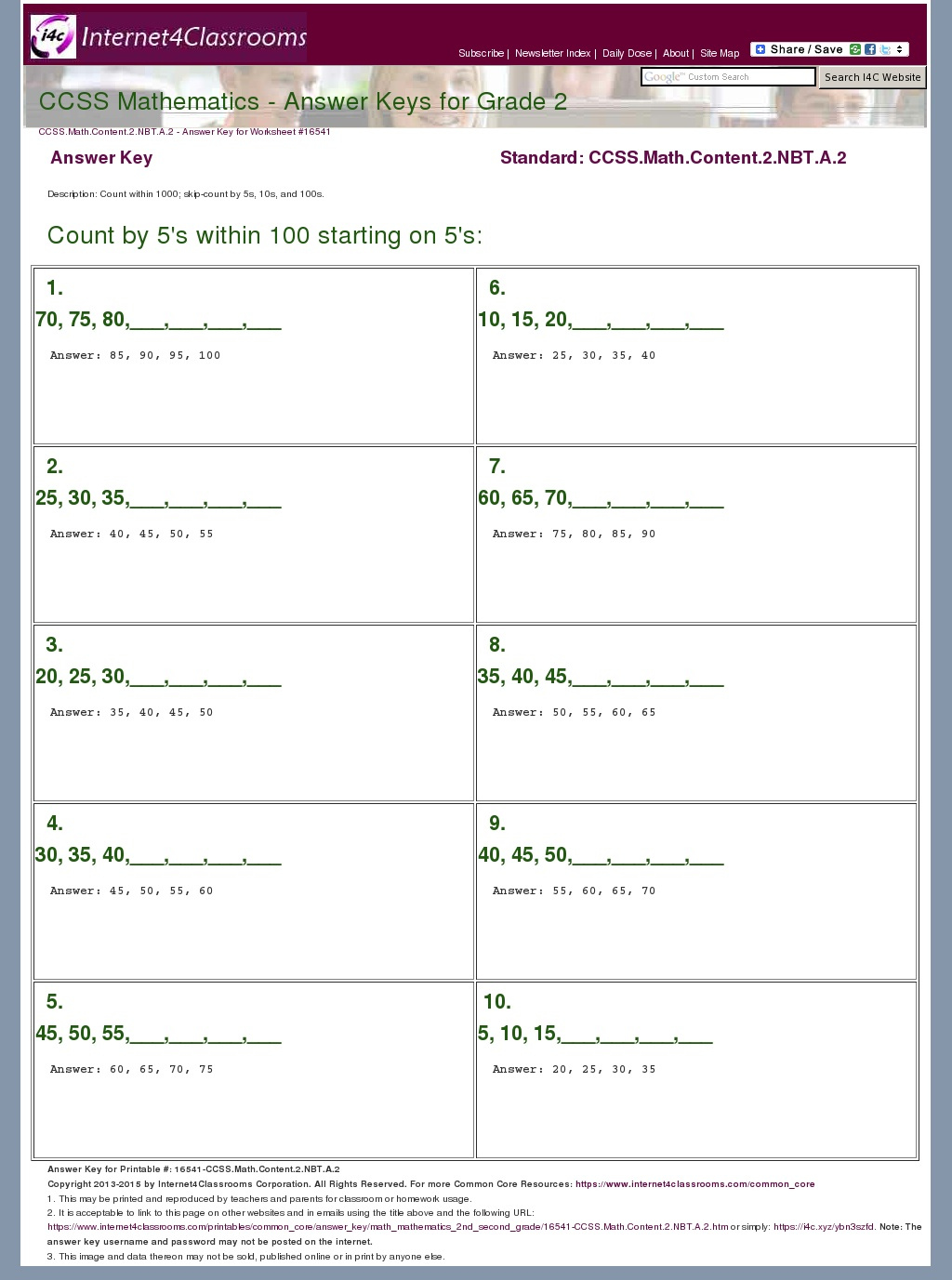 Common Core Math Answer Key Common Core Worksheets