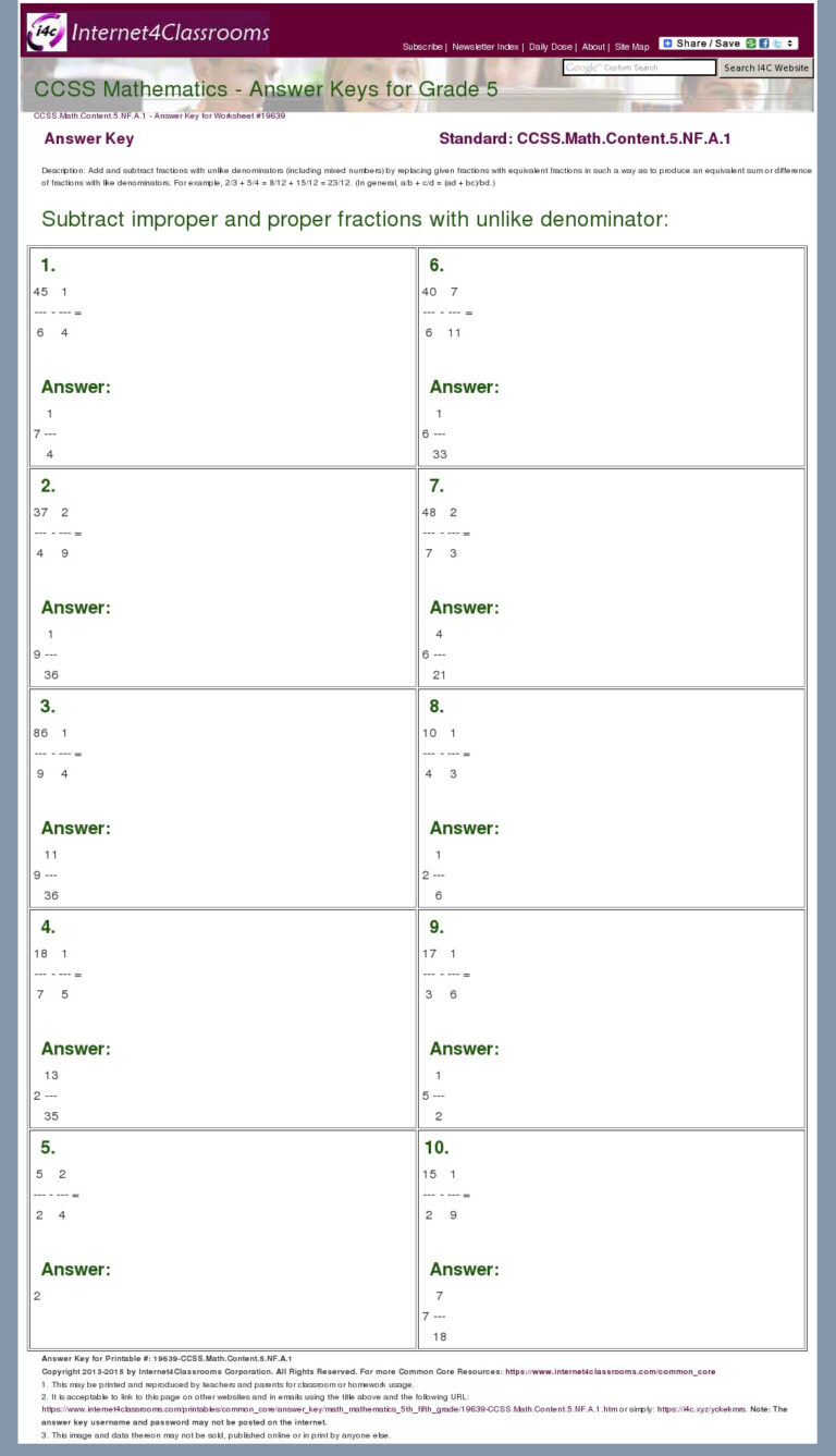 Common Core Sheets Answer Key 5th Grade | Common Core Worksheets