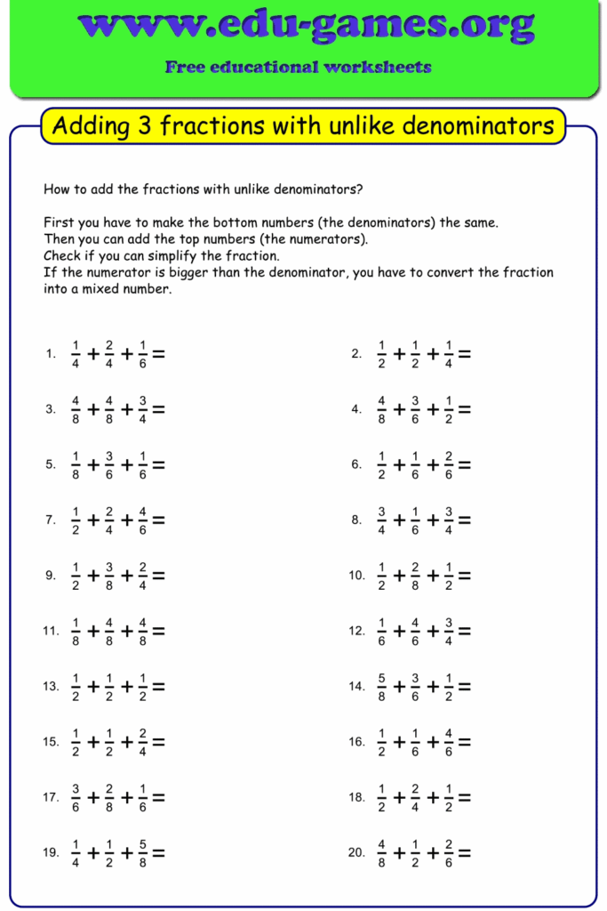 Common Core Adding Fractions With Unlike Denominators Worksheets ...