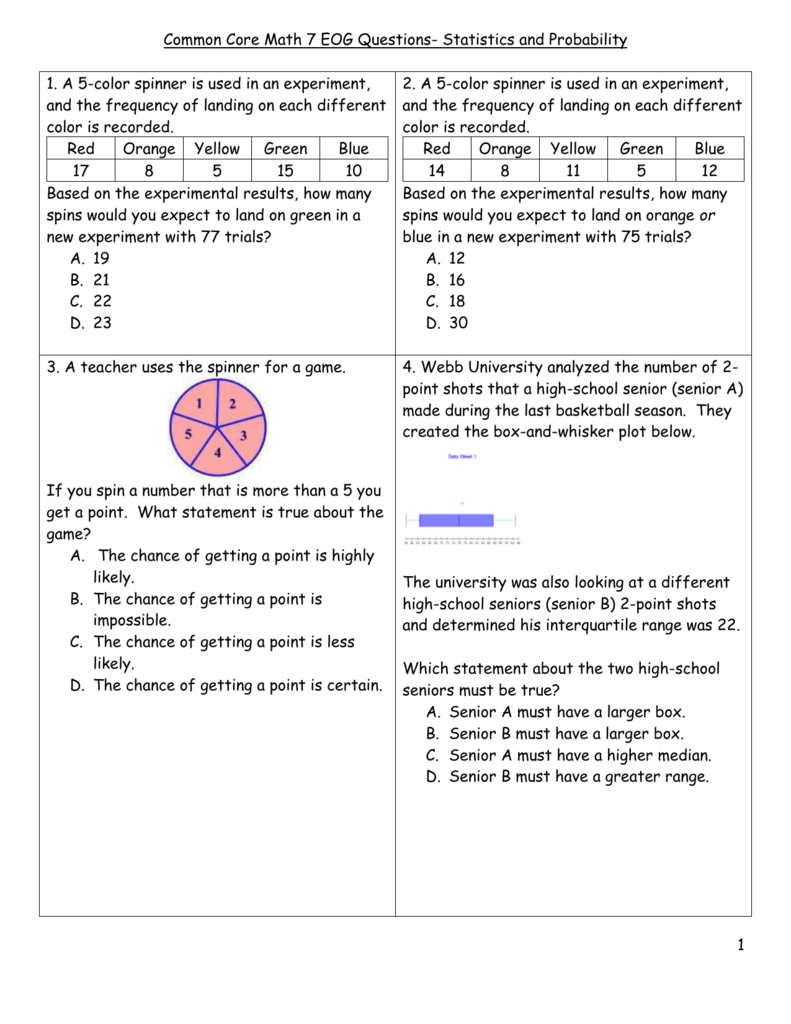 Probability Common Core Worksheets Common Core Worksheets